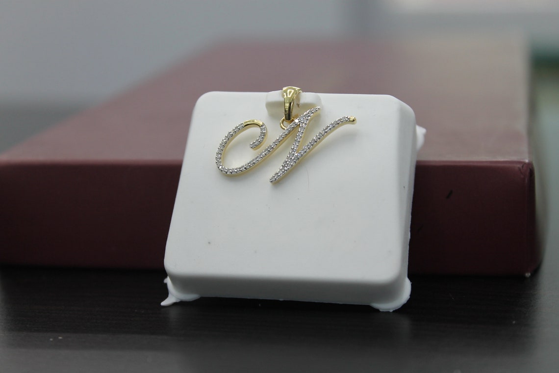 10k Gold and Natural Diamonds Cursive Initials N Alphabet Pendant ...