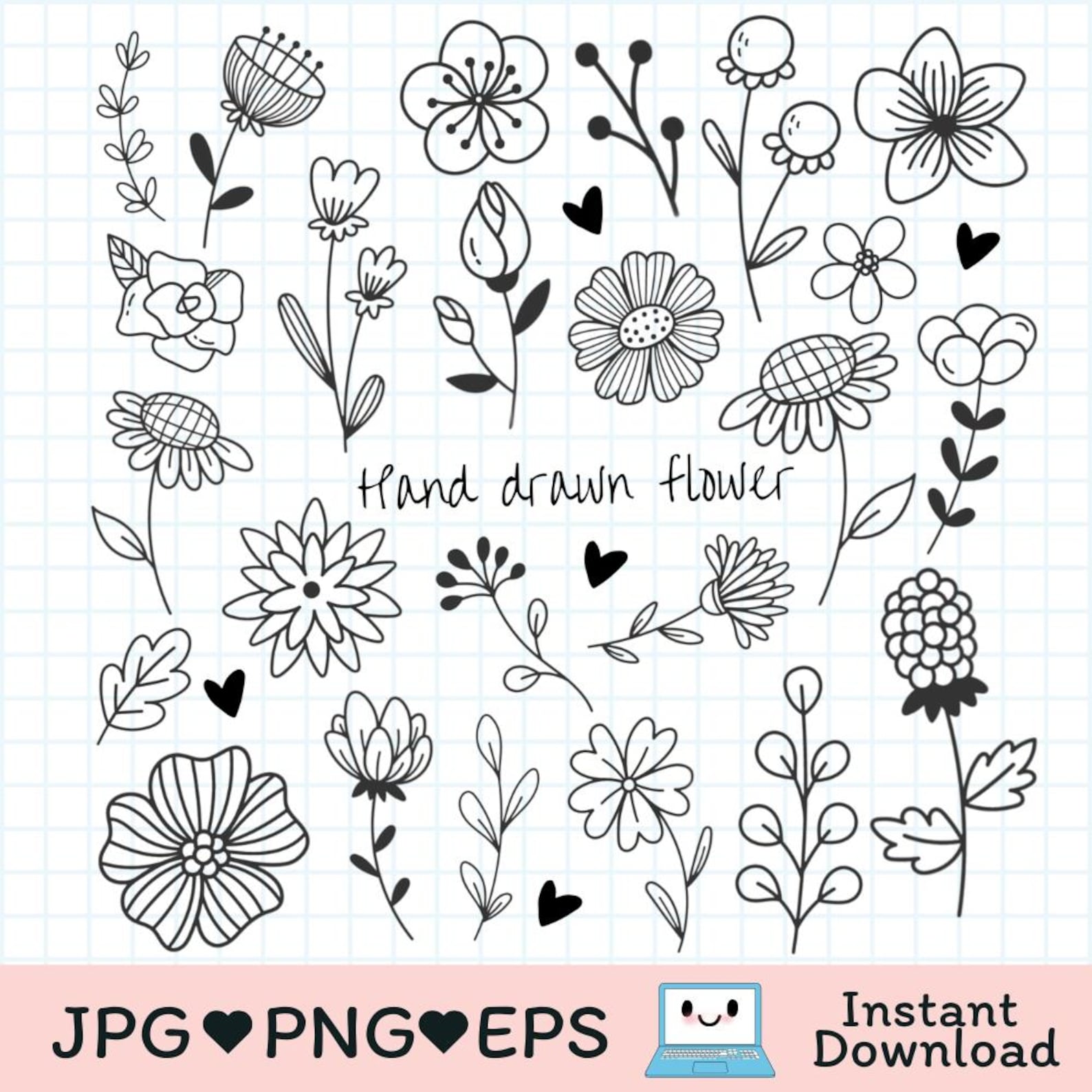 Hand Drawn Flower Clipart | Botanical Line Art for Crafts (PNG JPG EPS ...