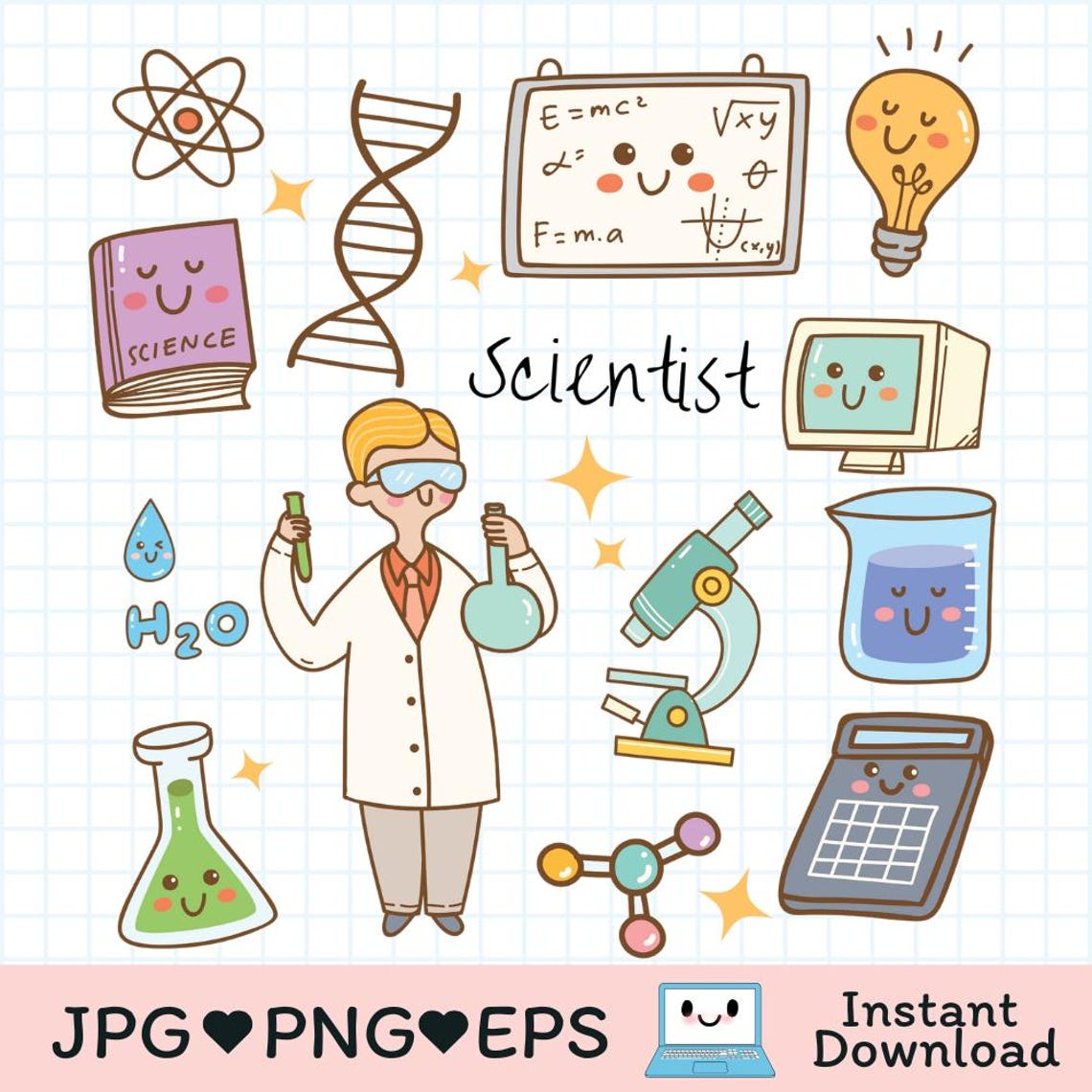 Kawaii Science Clipart | Cute Lab Stickers Png Jpg Eps | Stem Classroom ...