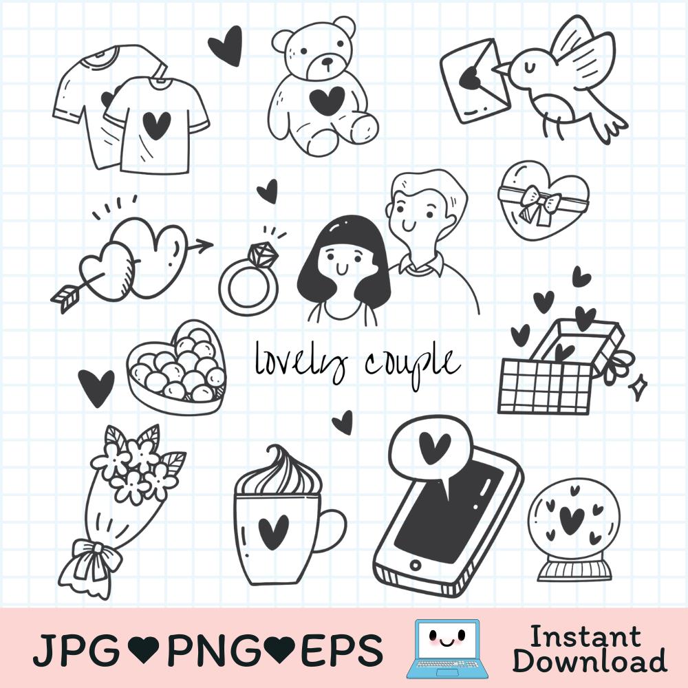 Romantic Love Doodle Clipart | Valentine Stickers PNG JPG EPS | Cute ...