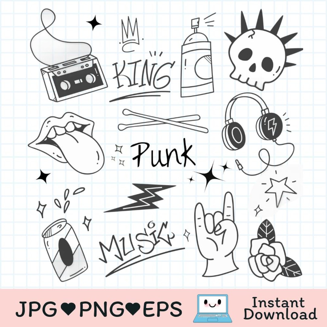 Punk Rock Doodle Clipart | Grunge Music Sticker Set PNG JPG EPS | Hand ...