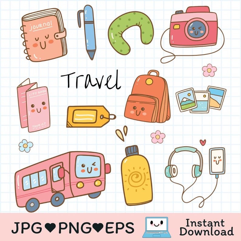 Kawaii Travel Clipart | Cute Vacation Sticker Set Png Jpg Eps ...