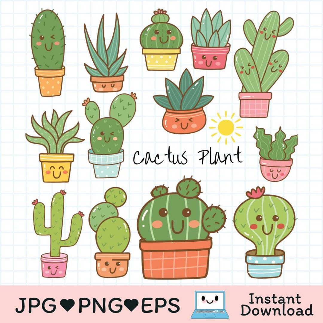 Kawaii Cactus Clipart | Cute Plant Sticker Set Png Jpg Eps | Printable ...