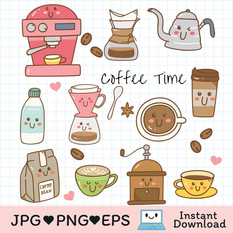 Kawaii Coffee Clipart | Cute Cafe Doodles Sticker Set Png Jpg Eps ...