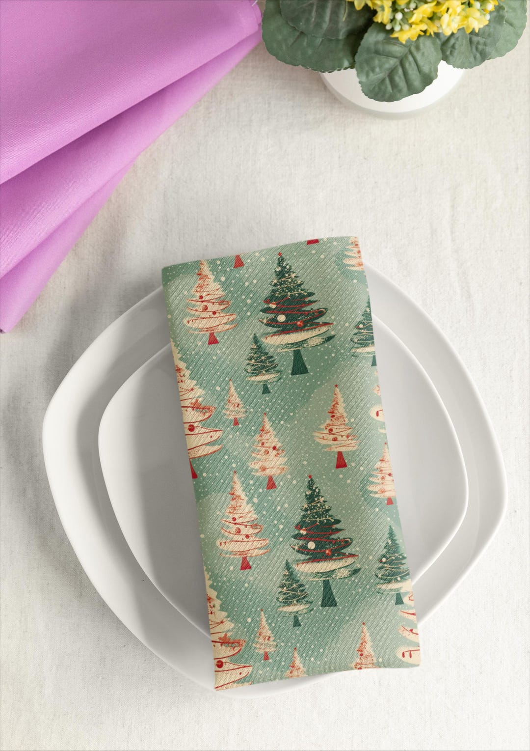 Cloth Napkins, Christmas Tree Print, Festive Holiday Table Decor, Set ...