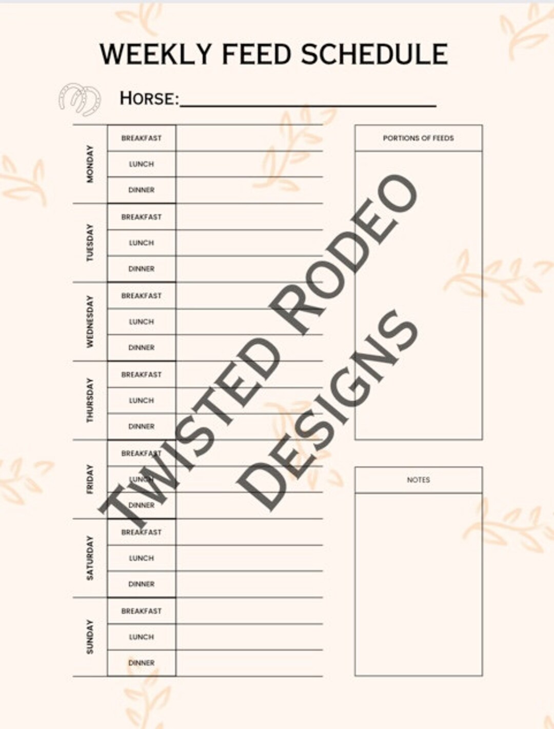 Weekly Feeding Schedule - Horse - Etsy