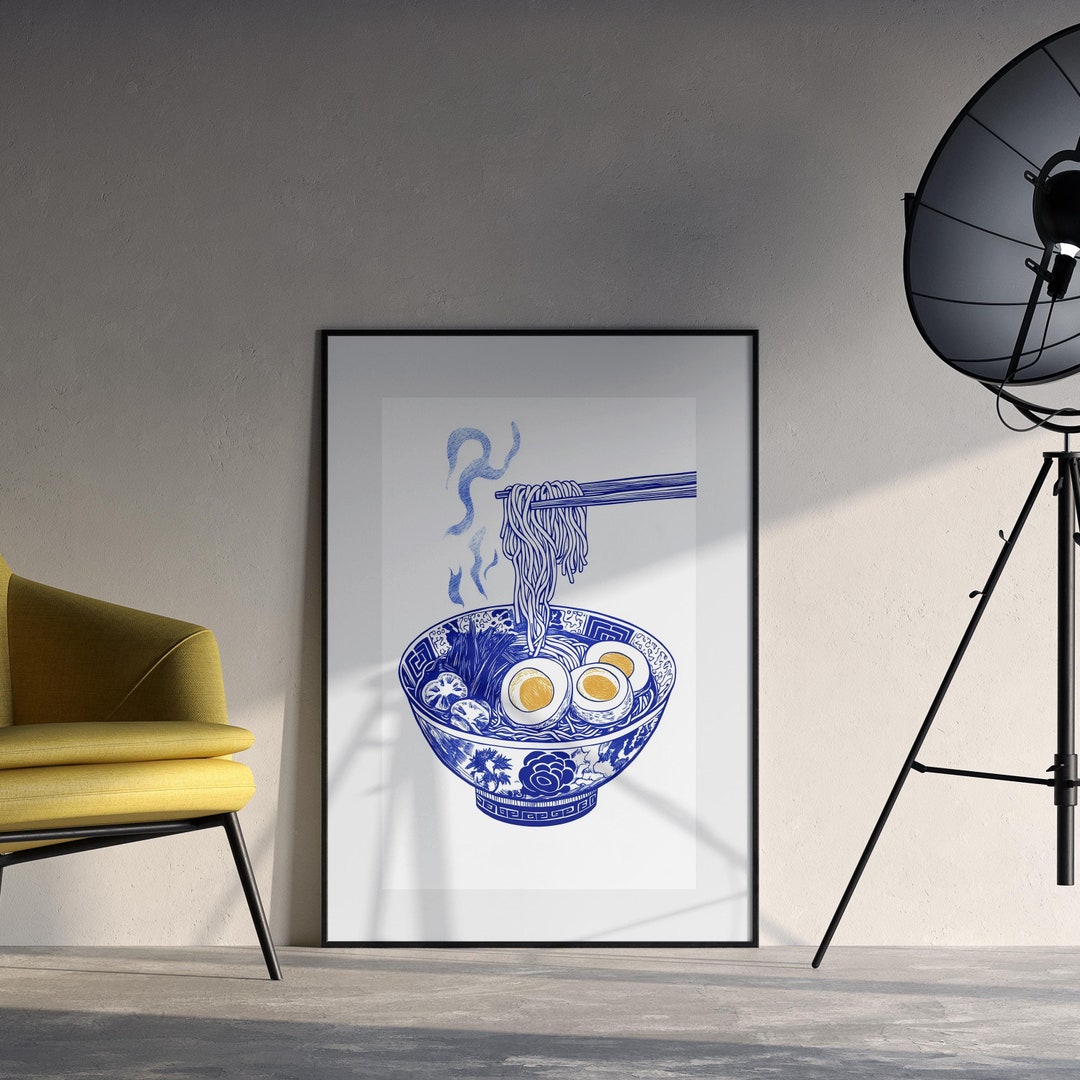 Blue Ramen Bliss, Elegant Japanese Noodle Bowl Illustration, Digital ...