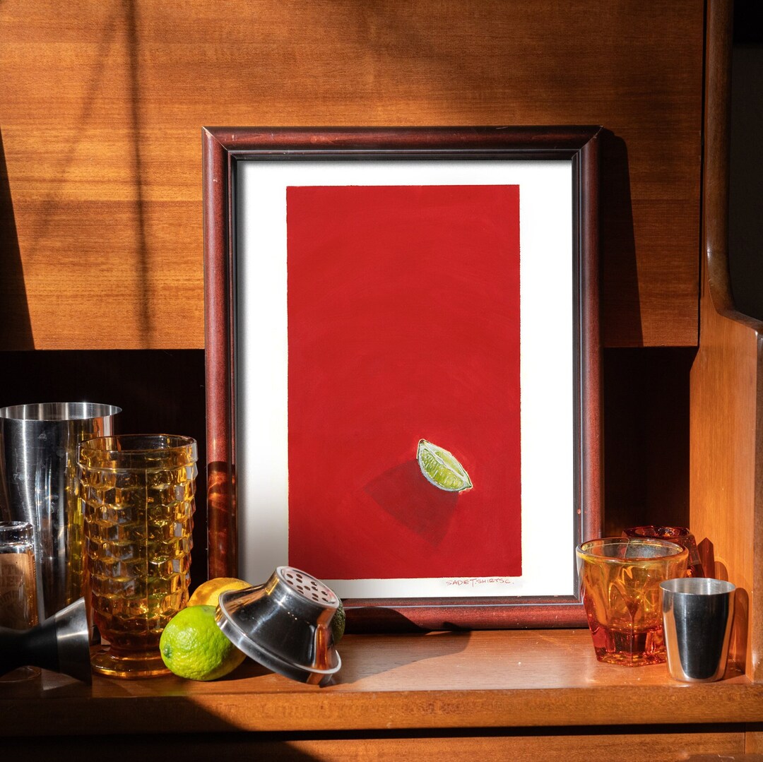 Modern Minimalist Lime on Red | Still Life Gouache Painting by Sadie C ...