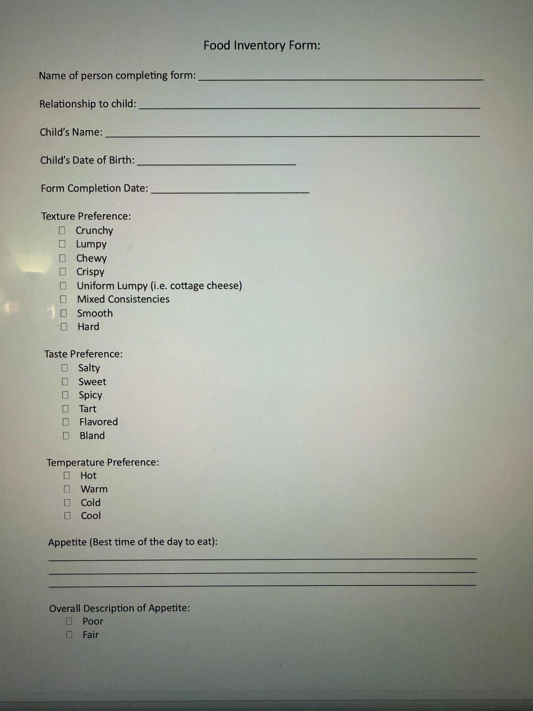 Pediatric Speech Therapy- Initial Feeding Questionnaire and Food ...