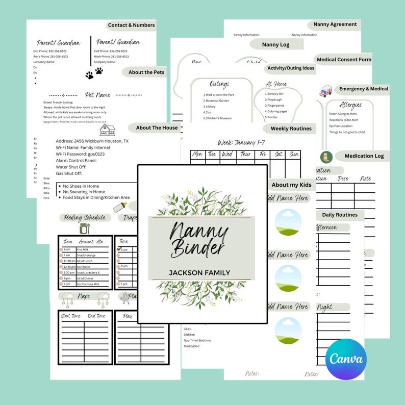 Editable Nanny Binder/ Nanny Agreement/nanny Notes/ Nanny Planner ...