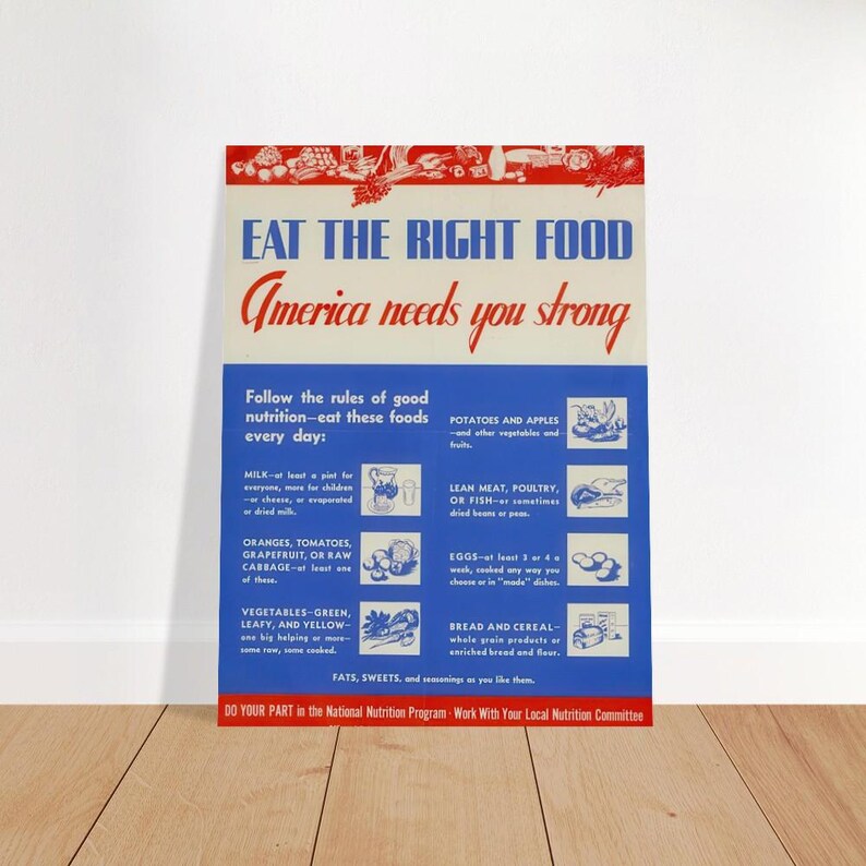1940's Vintage Eat the Right Food Poster - America Healthy Food ...