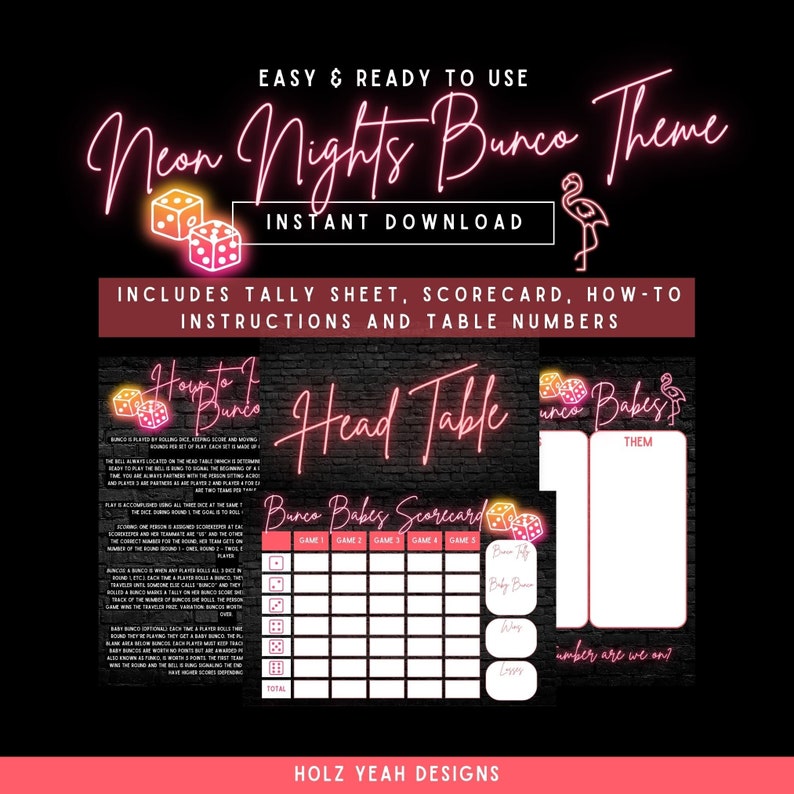 Neon Nights Themed Bunco Printable Set - Neon Themed Bunco - Ladies ...