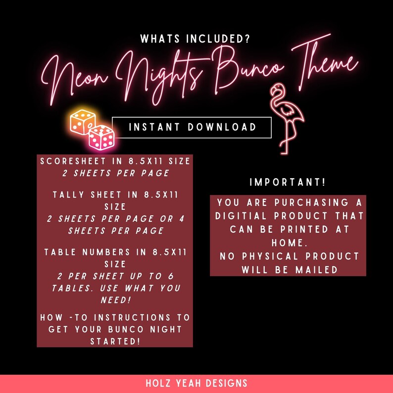 Neon Nights Themed Bunco Printable Set - Neon Themed Bunco - Ladies ...