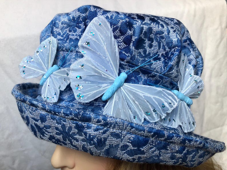 Handmade Blue Floral Jacquard Cloche Hat With Butterfly Accents - Etsy