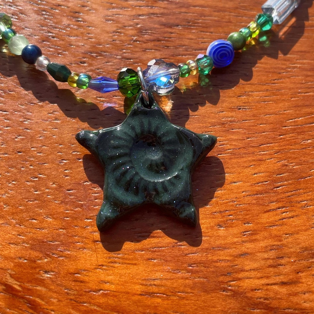 Blue, Green Iridescent Star Spiral Swirl Fossil Ammonite Beaded ...