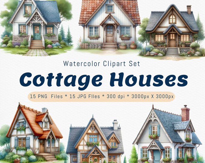 15 Watercolor Cottage Houses Clipart, 15 High Quality JPEG and PNG ...
