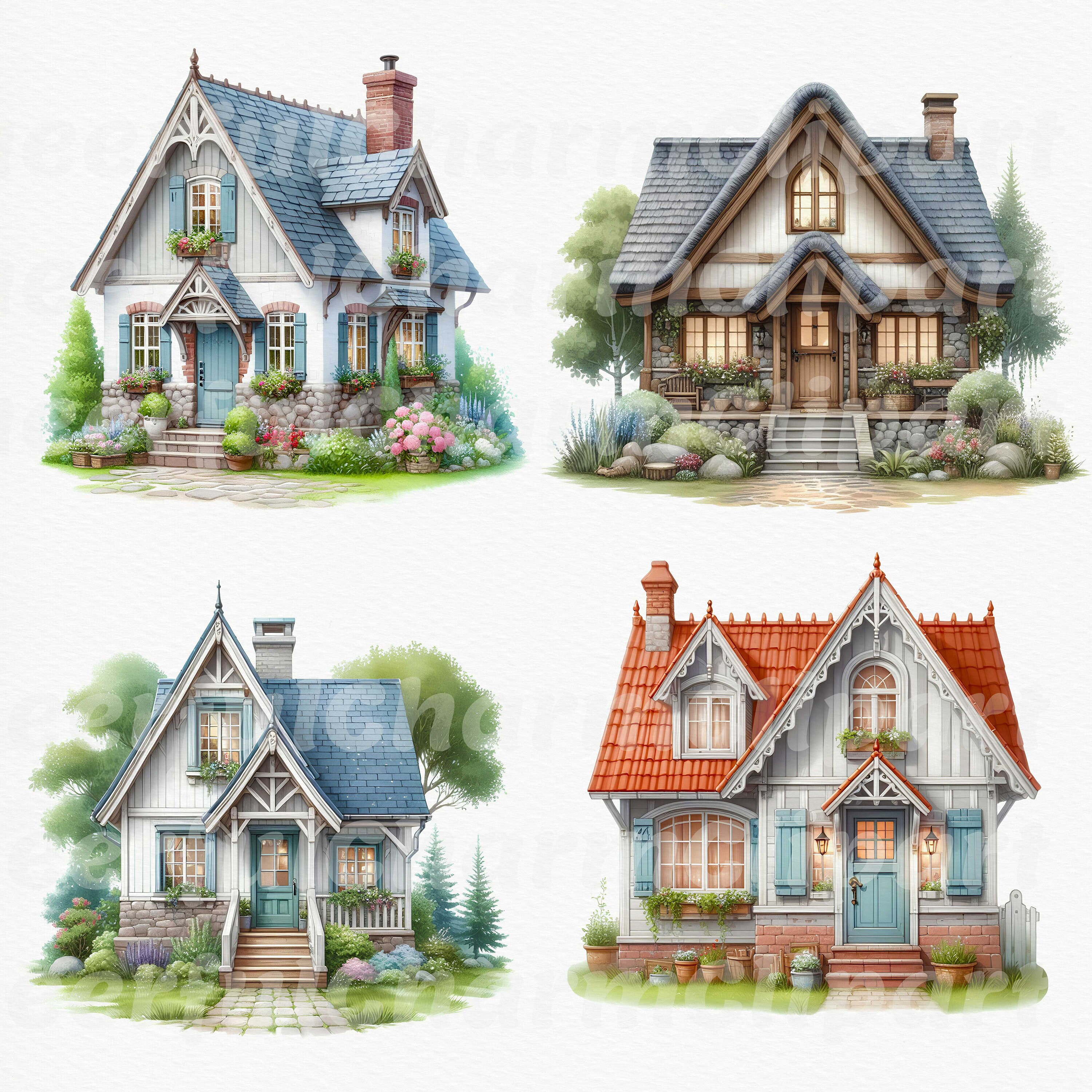 15 Watercolor Cottage Houses Clipart, 15 High Quality JPEG and PNG ...