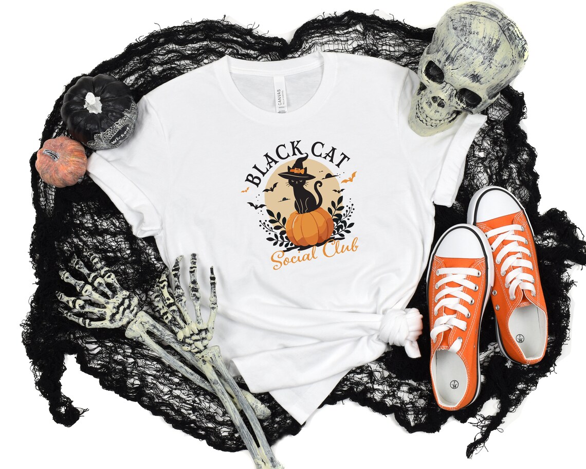 Black Cat Social Club T-shirt, Black Cat With Hat Halloween Tee, Fall ...