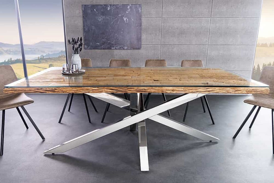 Solid Wood Dining Table BARRACUDA 220 Cm Brown Teak Wood Silver ...