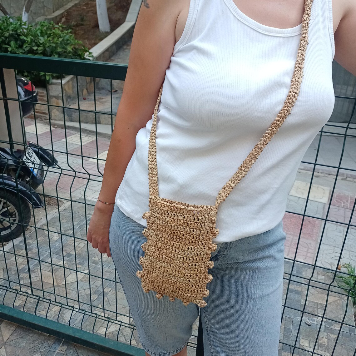 Woven Raffia Phone Bag With Straw Long Strap Small Crossbody Phone Case ...