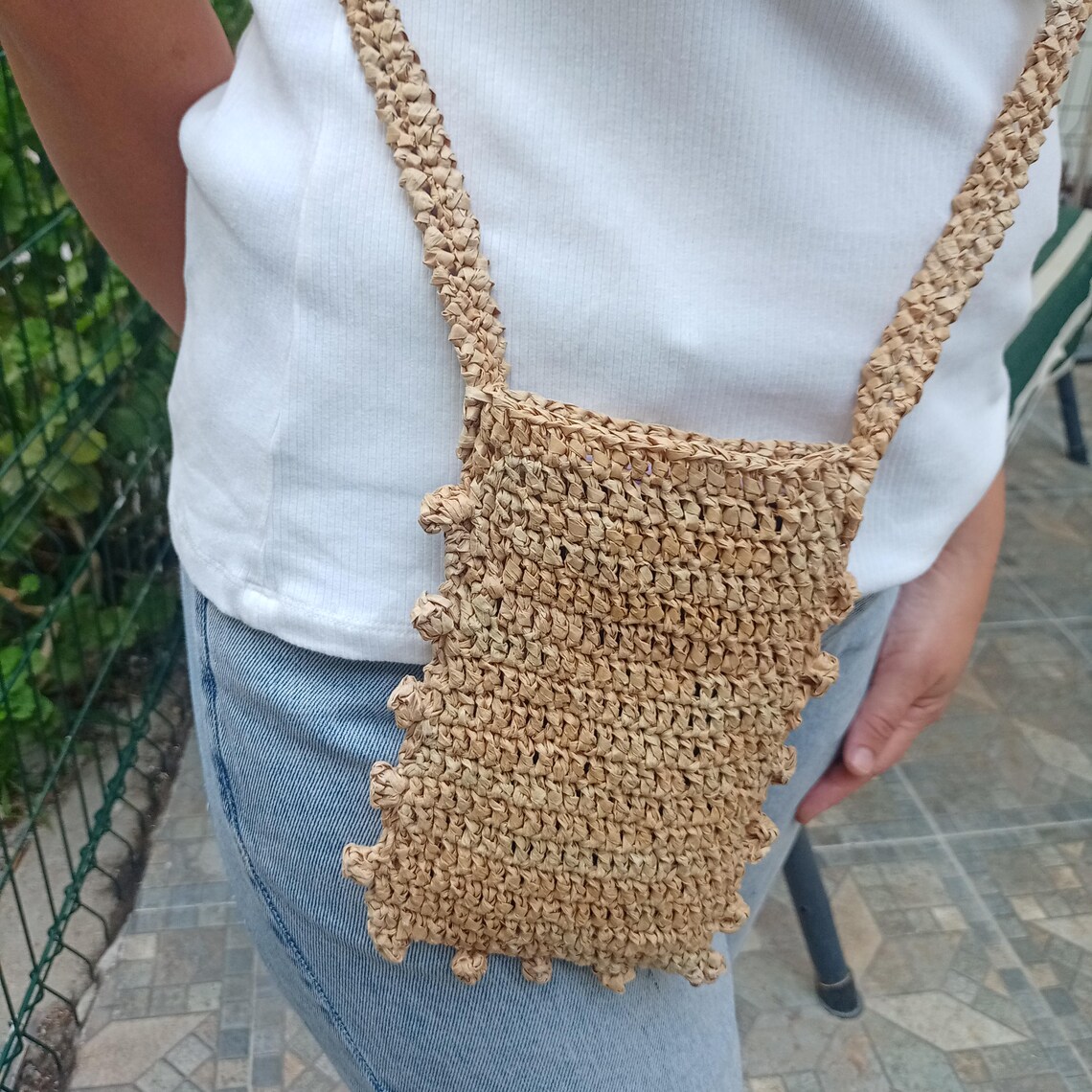 Woven Raffia Phone Bag With Straw Long Strap Small Crossbody Phone Case ...
