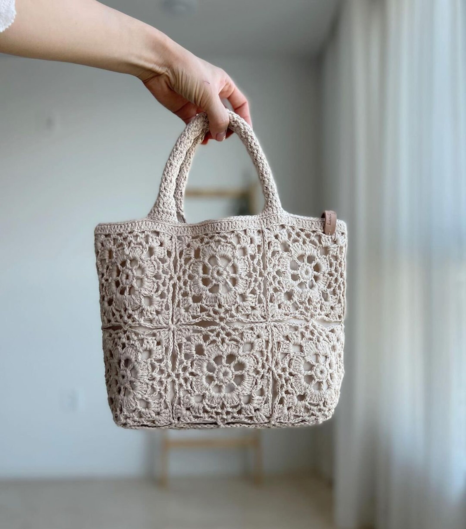 Crochet Beige Cotton Lace Handbag Daily Tote Bag Handmade Cluth Purse ...