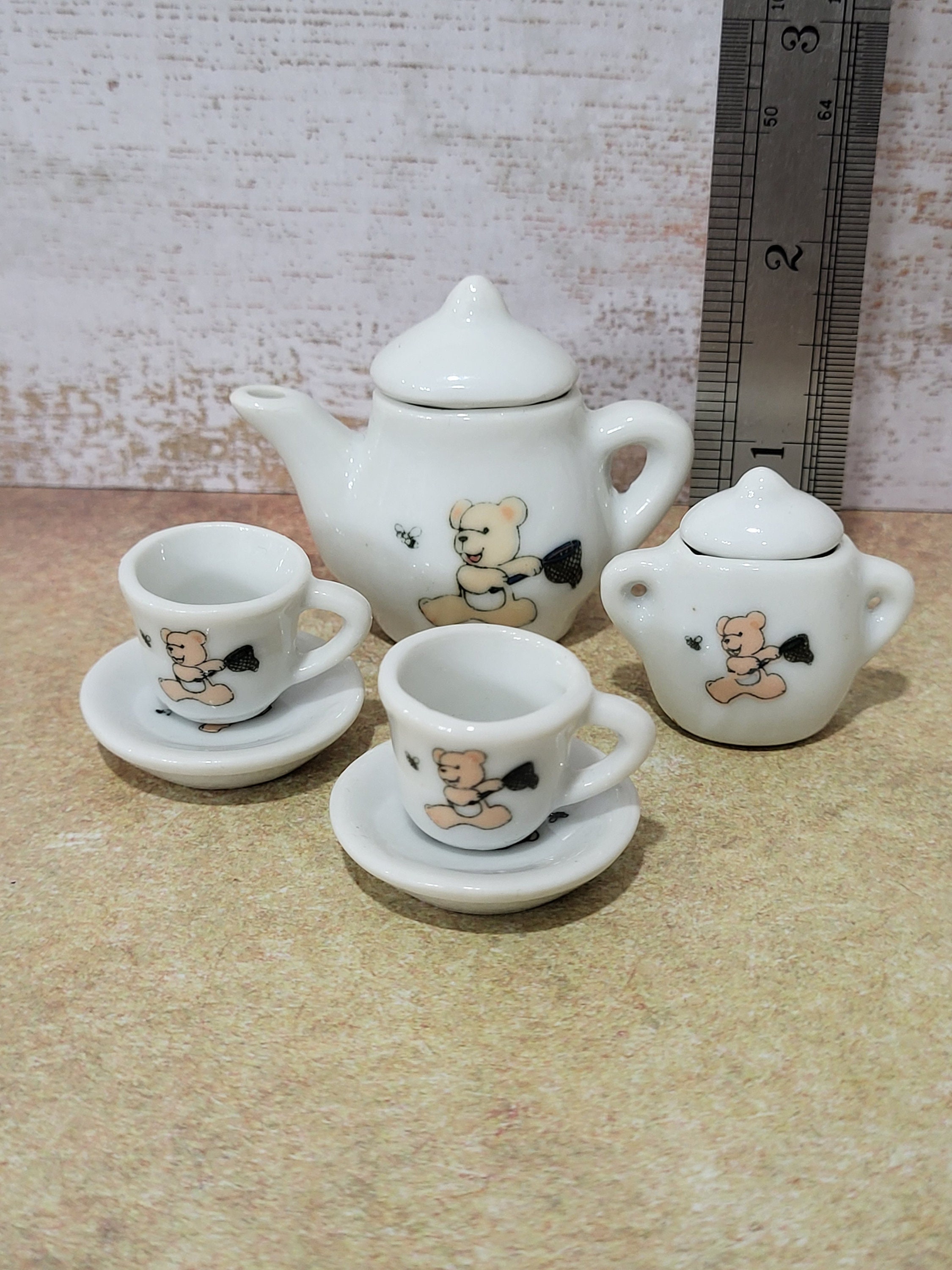 Dollhouse Miniature Vintage Teddy Bears, Lot of 3 Miniature Tea Sets ...