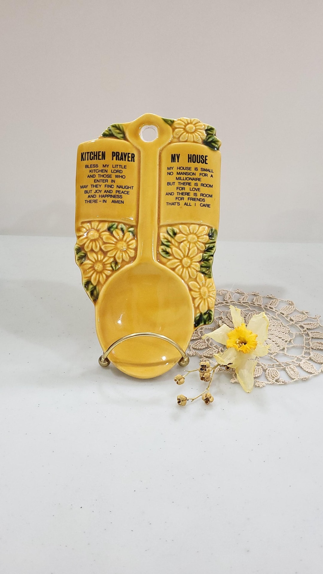Vintage Kitchen Prayer, Yellow Flowers Spoon Rest, Hanging Spoon Rest ...