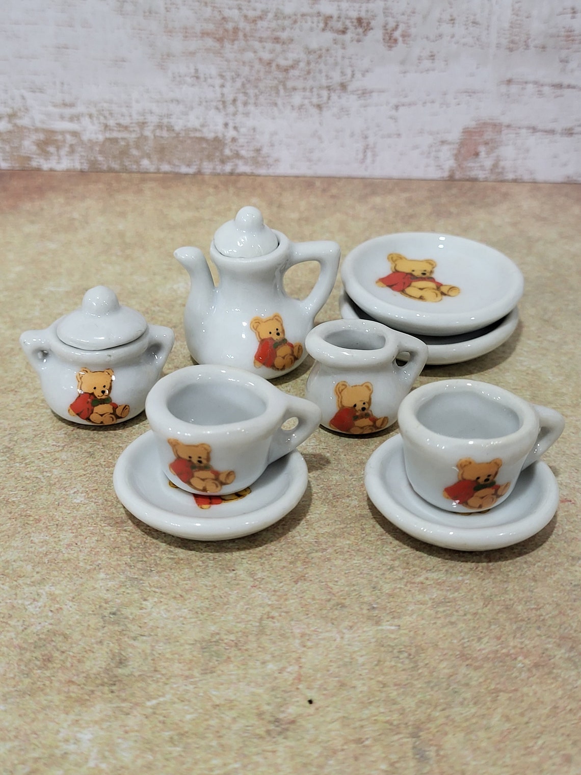 Dollhouse Miniature Vintage Teddy Bears, Lot of 3 Miniature Tea Sets ...