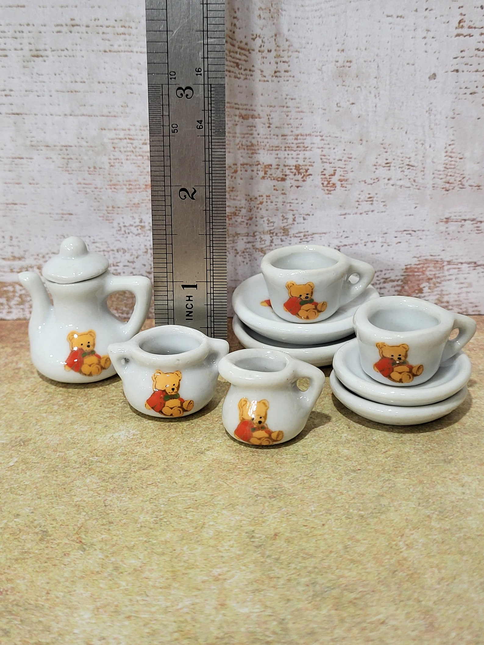 Dollhouse Miniature Vintage Teddy Bears, Lot of 3 Miniature Tea Sets ...