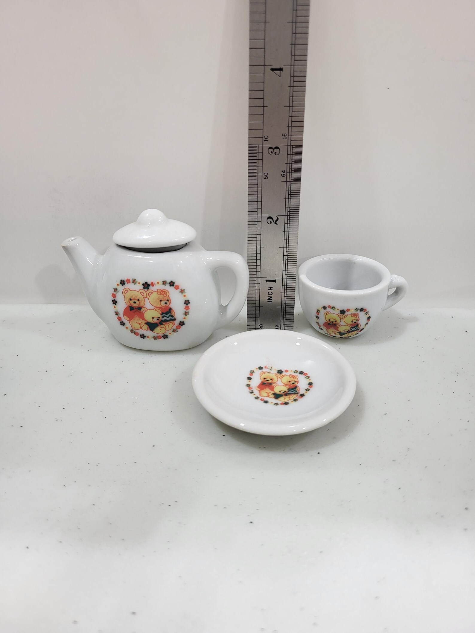 Dollhouse Miniature Vintage Teddy Bears, Lot of 3 Miniature Tea Sets ...