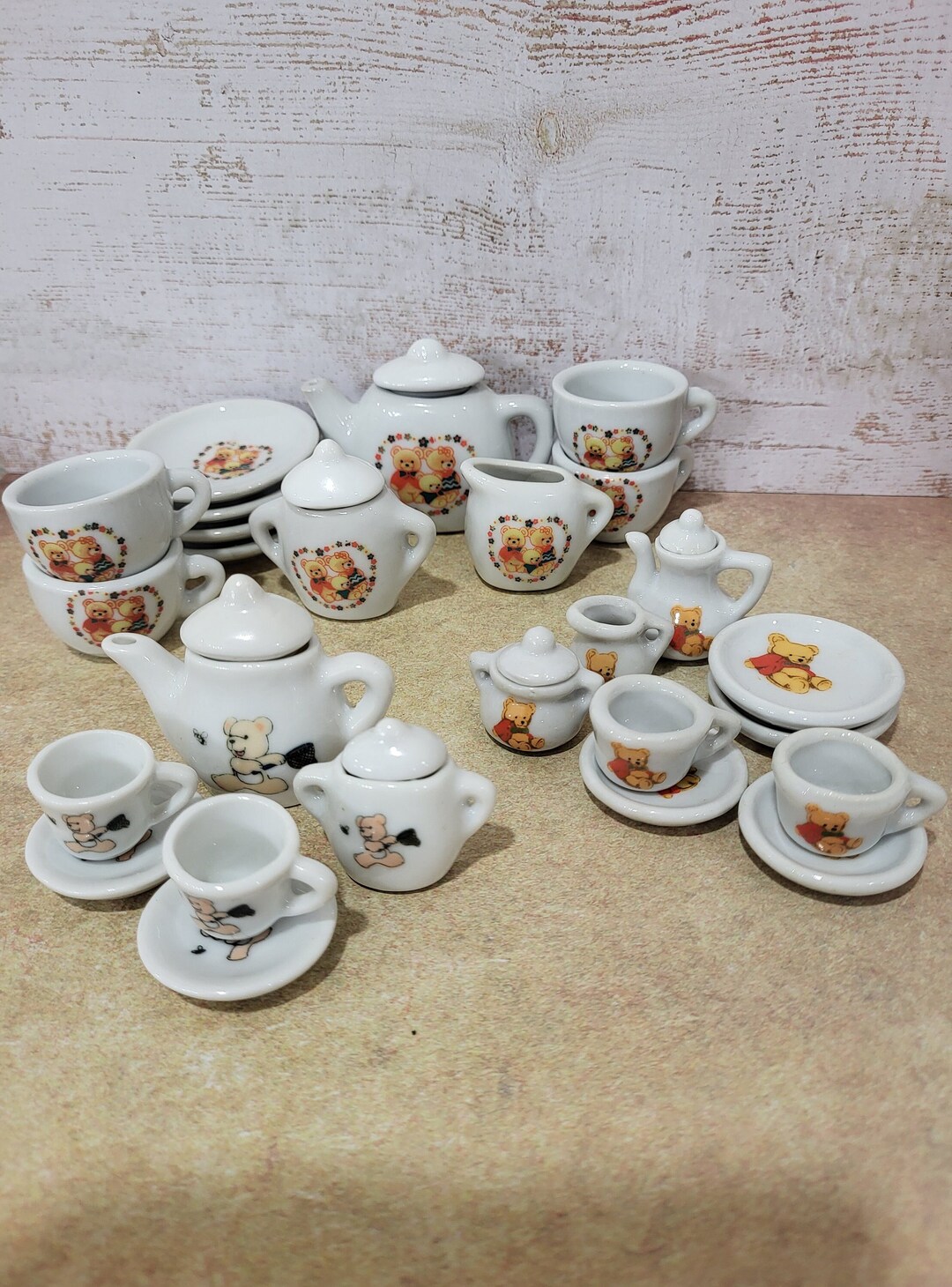 Dollhouse Miniature Vintage Teddy Bears, Lot of 3 Miniature Tea Sets ...