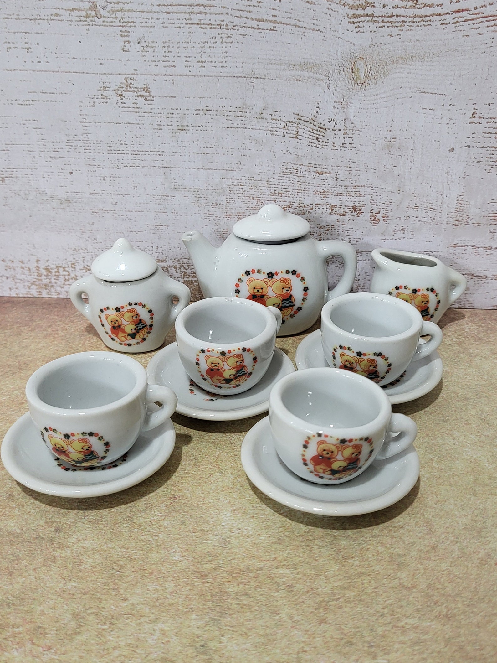 Dollhouse Miniature Vintage Teddy Bears, Lot of 3 Miniature Tea Sets ...