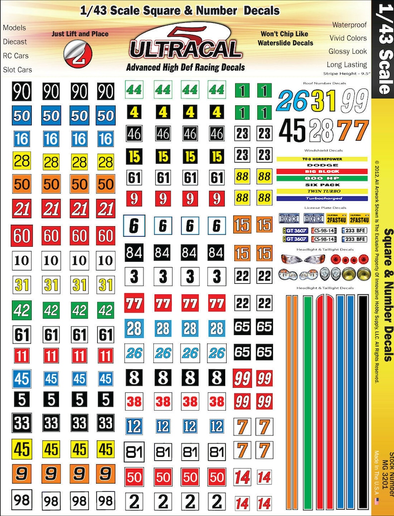 Mg 3201 Ultracal Decals Racing Number and Square Decals for 1/43 O ...