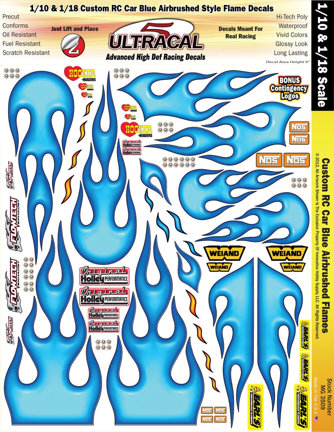 Mg 3509 Ultracal Custom Rc Car Blue Airbrush Flame Decals for 1/10 and ...