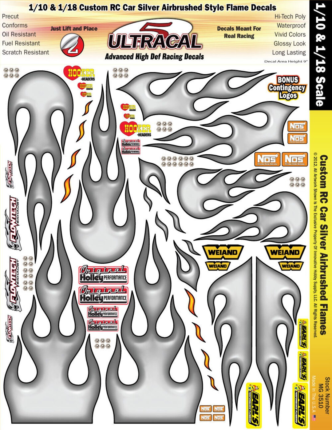 MG 3510 Ultracal Custom RC Car Silver Airbrush Flame Decals for 1/10 ...