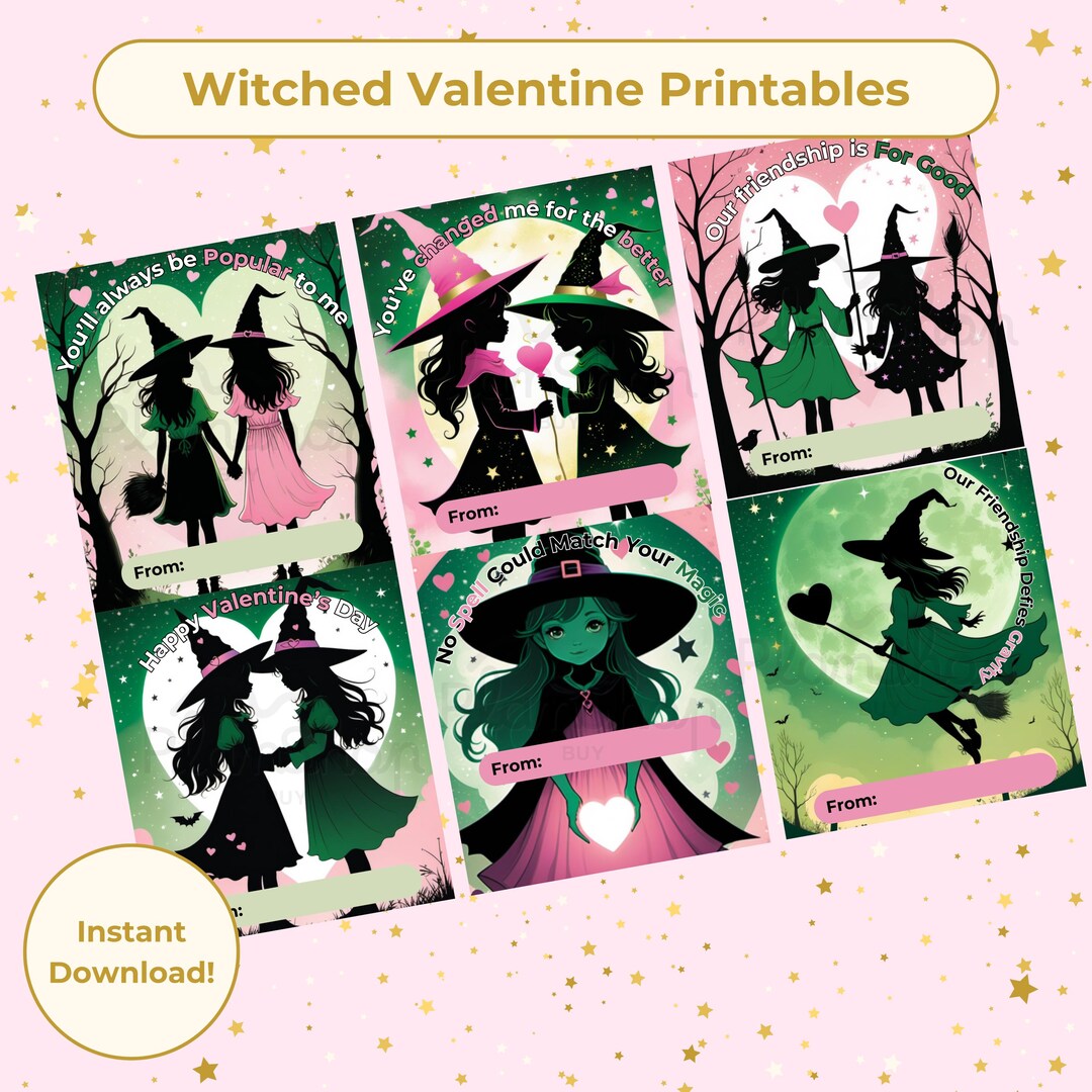 Printable Valentines Day Digital Card Pack Pink and Green Witch Themed ...