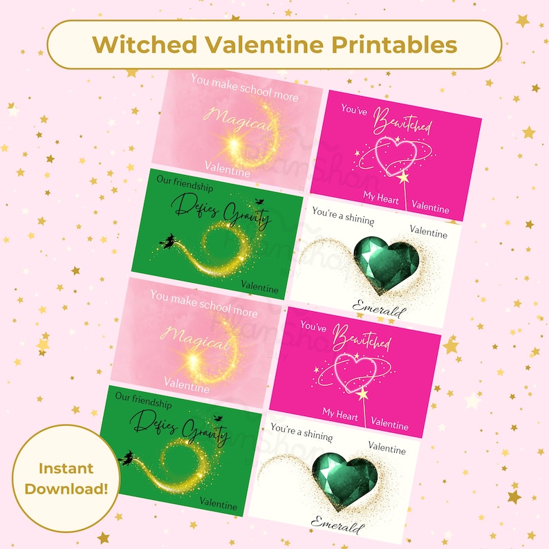 Printable Valentines Day Digital Card Pack Pink and Green Witch Themed ...