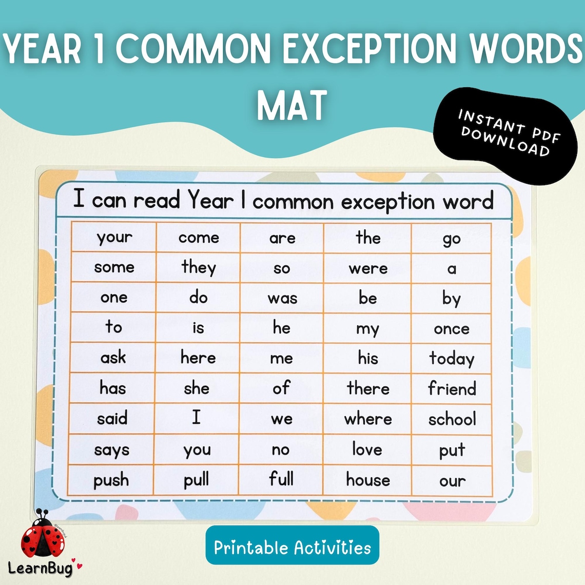 Year 1 Common Exception Words Mat - Printable, Year 1 Key Words Mat ...