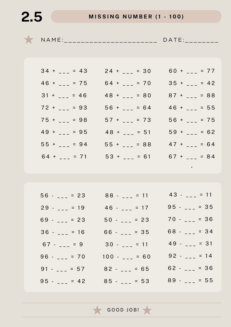 24 Printable Math Worksheets 1-100 Addition Subtraction Whole Tens ...