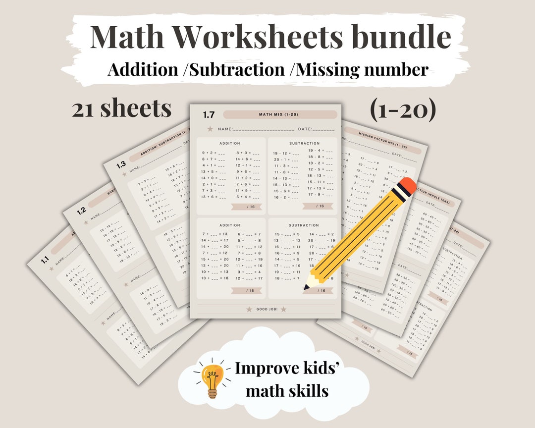 21 Printable Math Worksheets 1-20 Addition Subtraction - Etsy