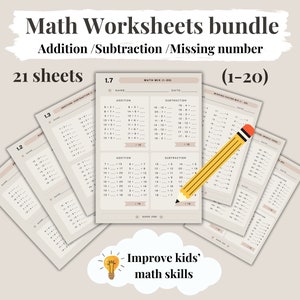 21 Printable Math Worksheets 1-20 Addition Subtraction - Etsy