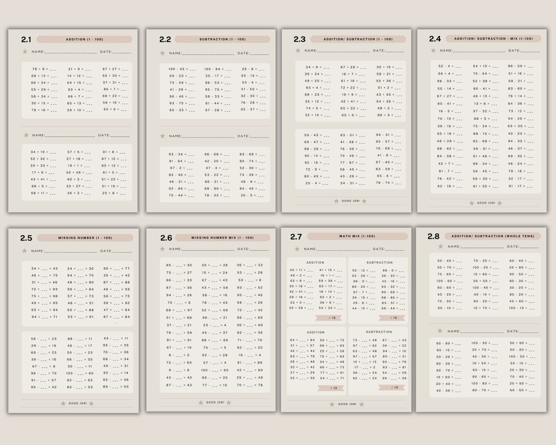 24 Printable Math Worksheets 1-100 Addition Subtraction Whole Tens ...