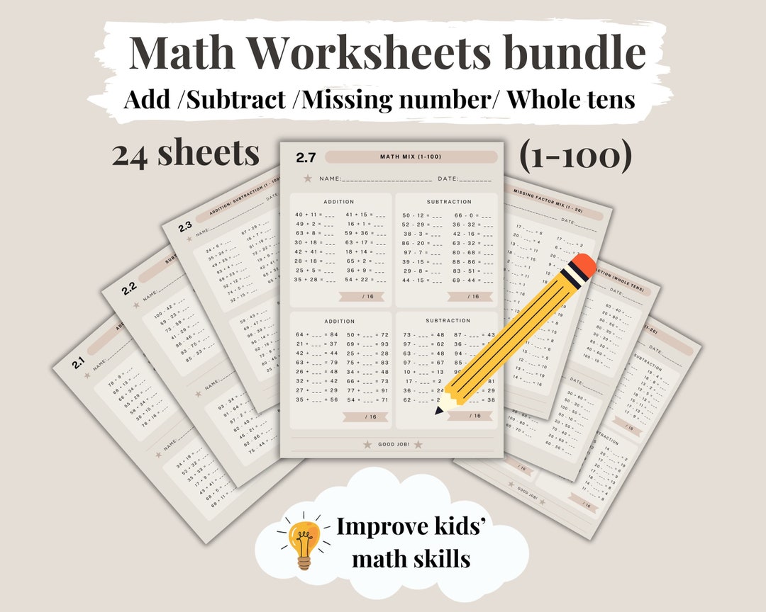 24 Printable Math Worksheets 1-100 Addition Subtraction Whole Tens ...