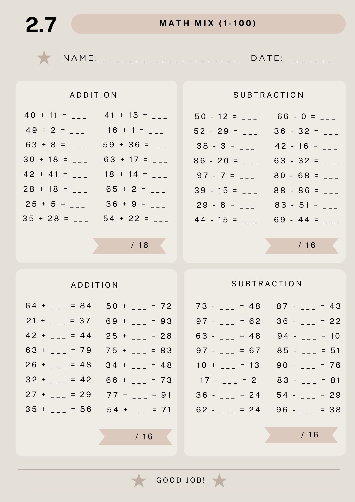 24 Printable Math Worksheets 1-100 Addition Subtraction Whole Tens ...