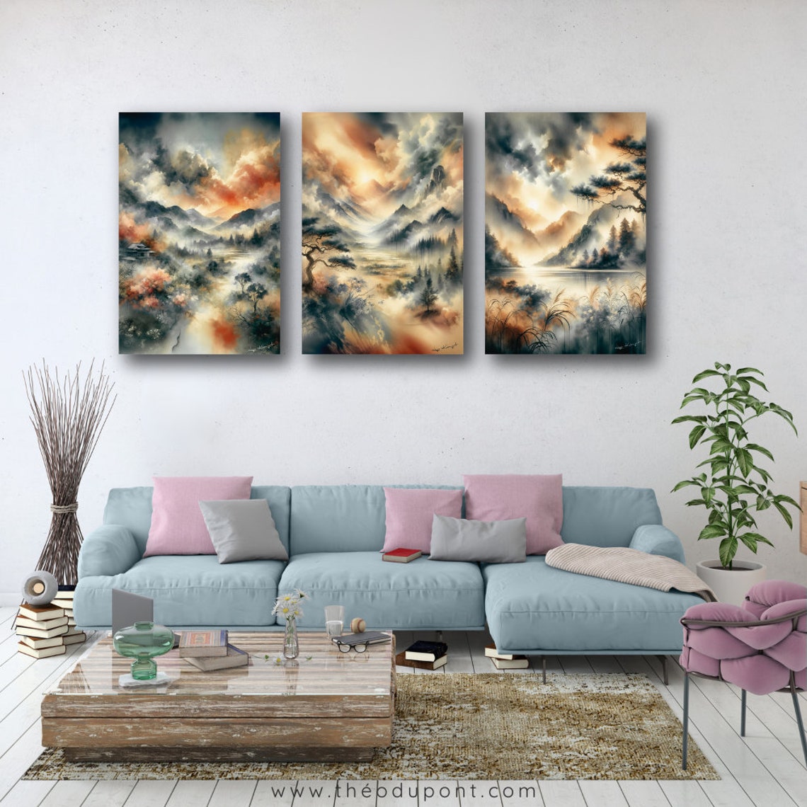 Tryptich Japanese Landscape Painting, Artist-signed Canvas Art, Large ...