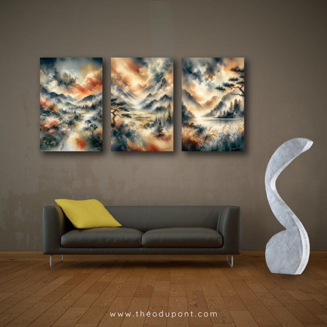 Tryptich Japanese Landscape Painting, Artist-signed Canvas Art, Large ...