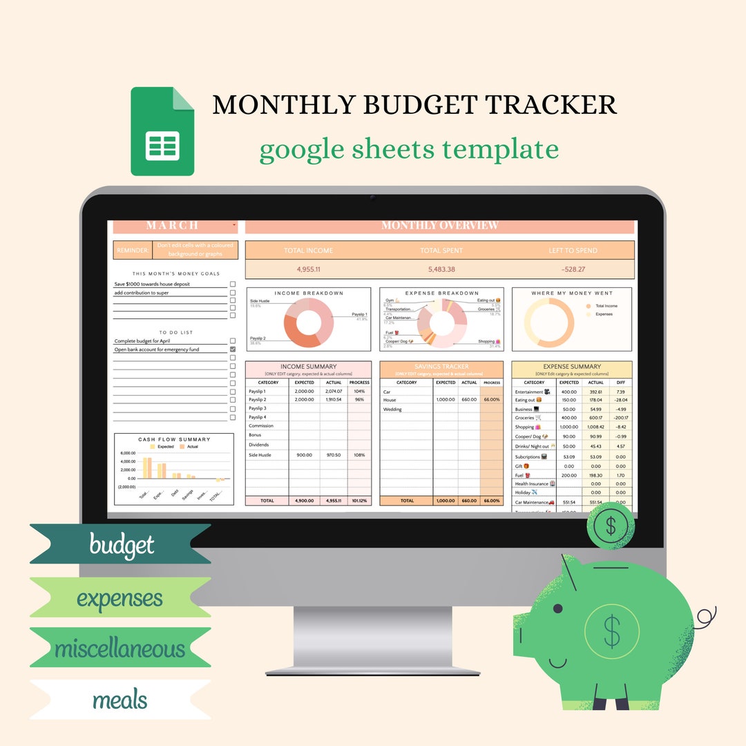 MONTHLY BUDGET TEMPLATE, Google Sheets, Monthly Budget Tracker, Digital ...
