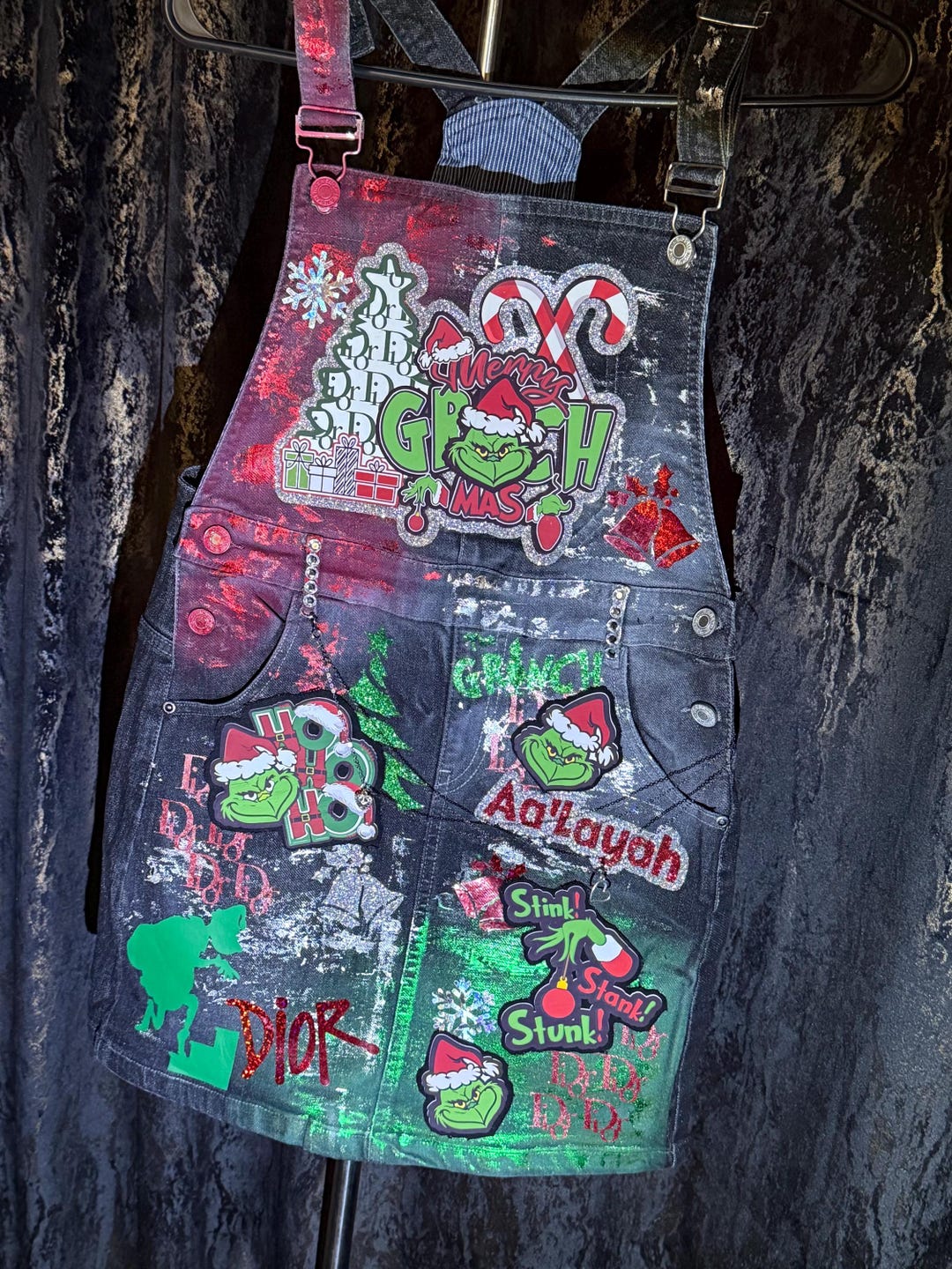 Custom GRINCH Christmas Outfit, Custom Denim Overalls, Custom Kids ...