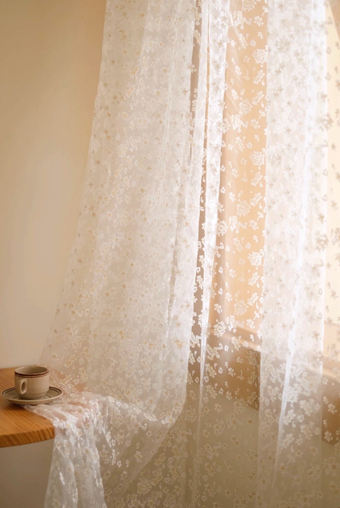 French Daisy Printed Sheer Curtain, Transparent Drape, Chic Light Filtering Curtains, Rod Pocket ...